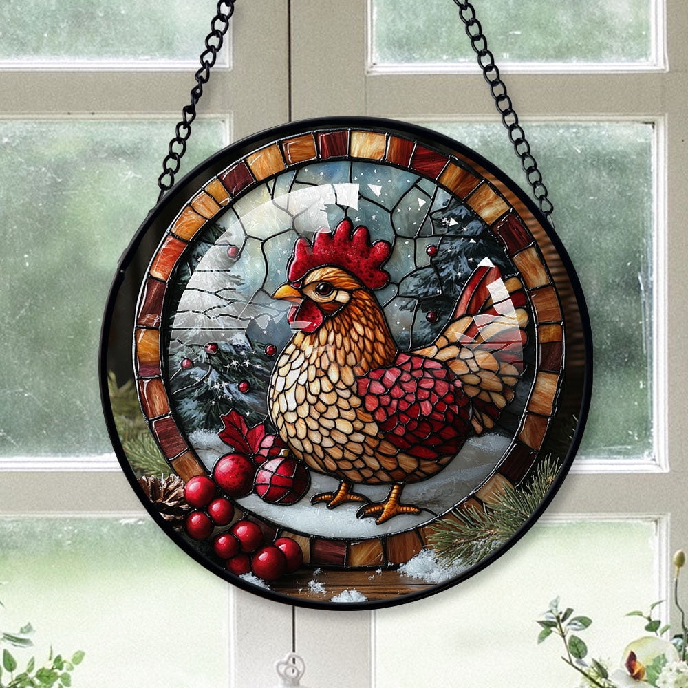 Hen Ornament Christmas 2025, Hen Stained Glass Window Hanging ...