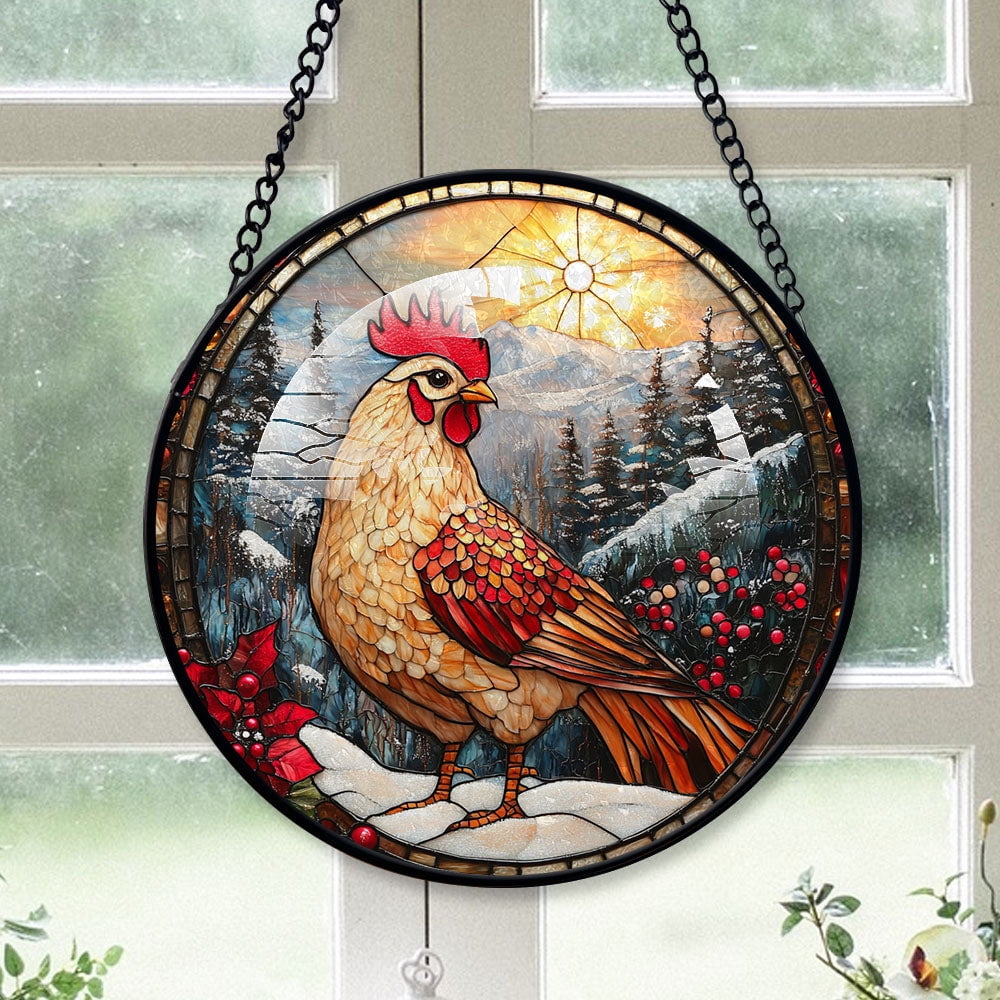 Hen Ornament Christmas 2025, Hen Stained Glass Window Hanging ...