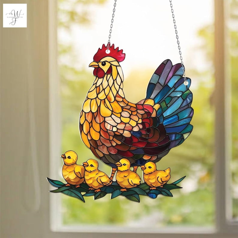 Hen and Chicks Acrylic Window Hanging, Farmhouse Suncatcher, Rustic ...