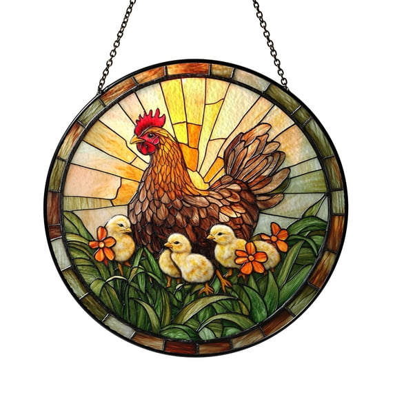 Hen and Chicks Stained Glass Style Window Hanging, Farm Animal ...