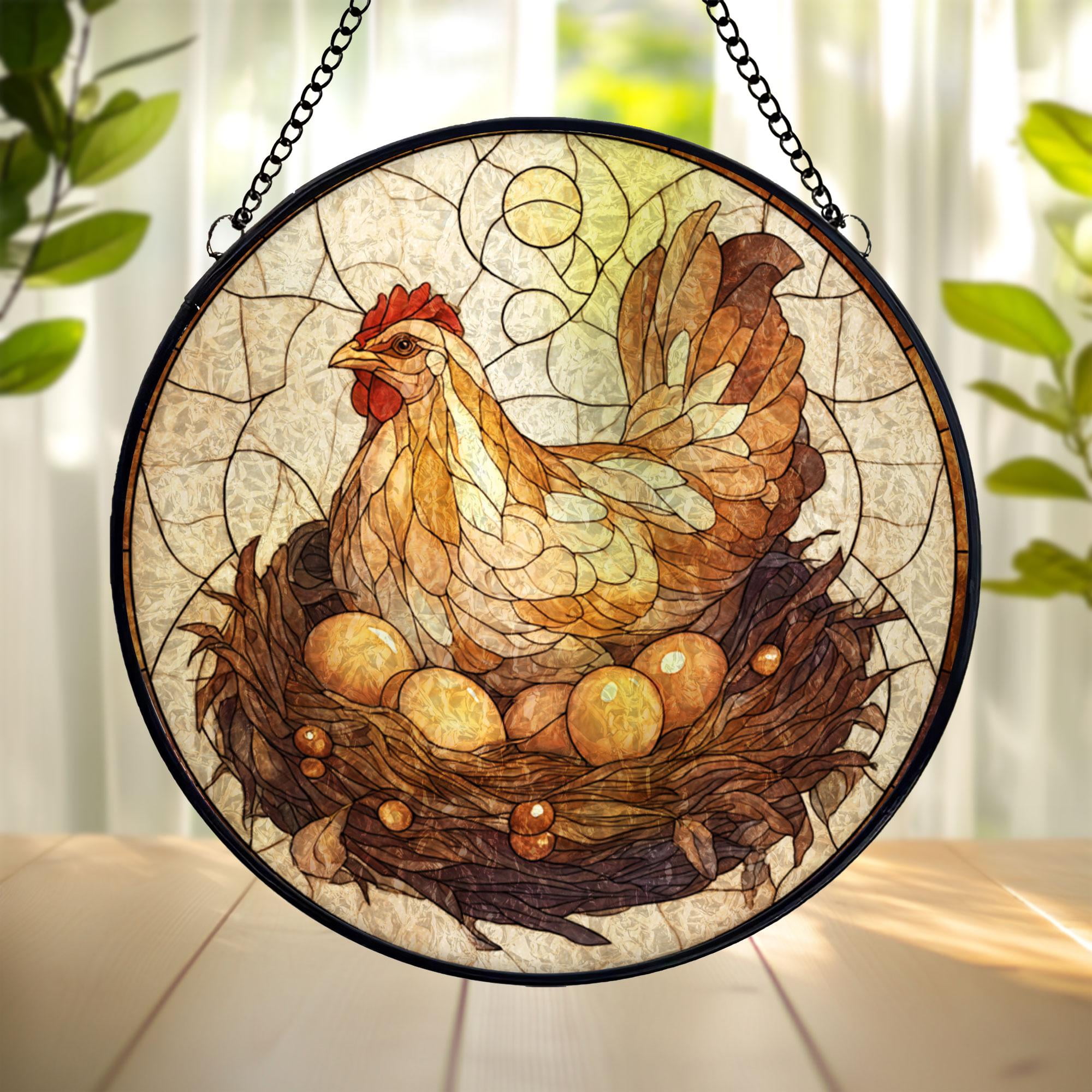 Hen and Eggs Stained Glass Suncatcher, Round Farmhouse Window Hanging ...