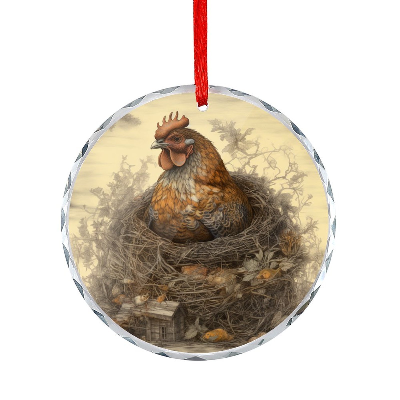 Hen with Eggs Christmas Ornament Farm Hen Round Glass Christmas ...