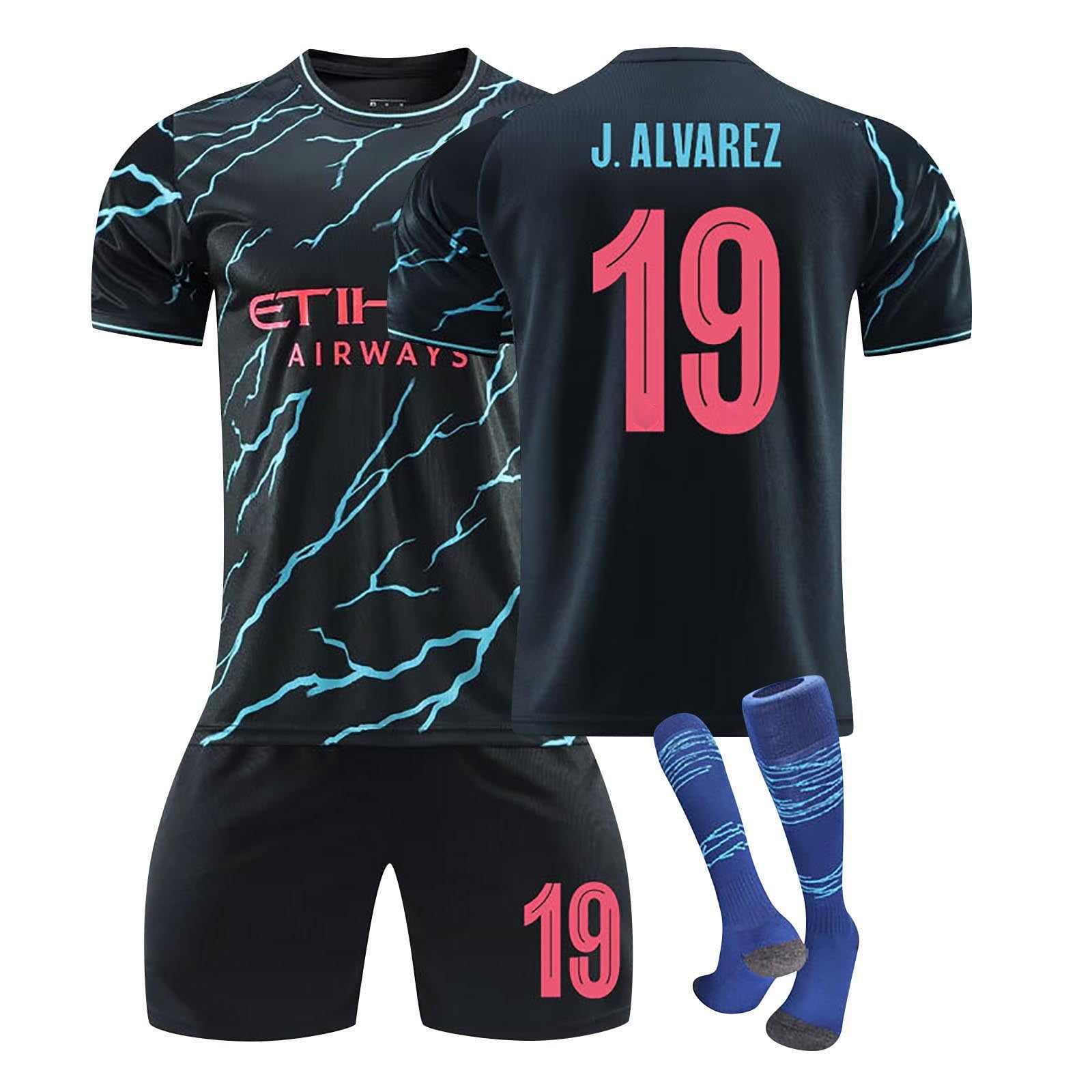 HenJI 23/24 English Second Away Game Soccer Jersey, #19 J.ALVAREZ Black with Blue Line Short ...