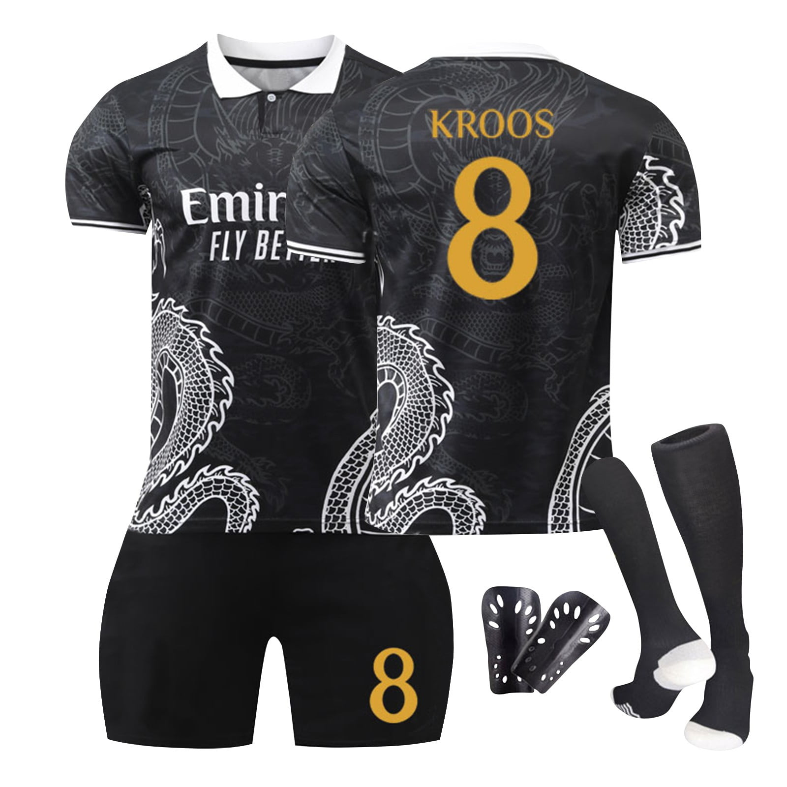 HenJI 23/24 Spanish Soccer Team Soccer Jersey, #8 KROOS Short Sleeve Black Dragon Patern Soccer ...