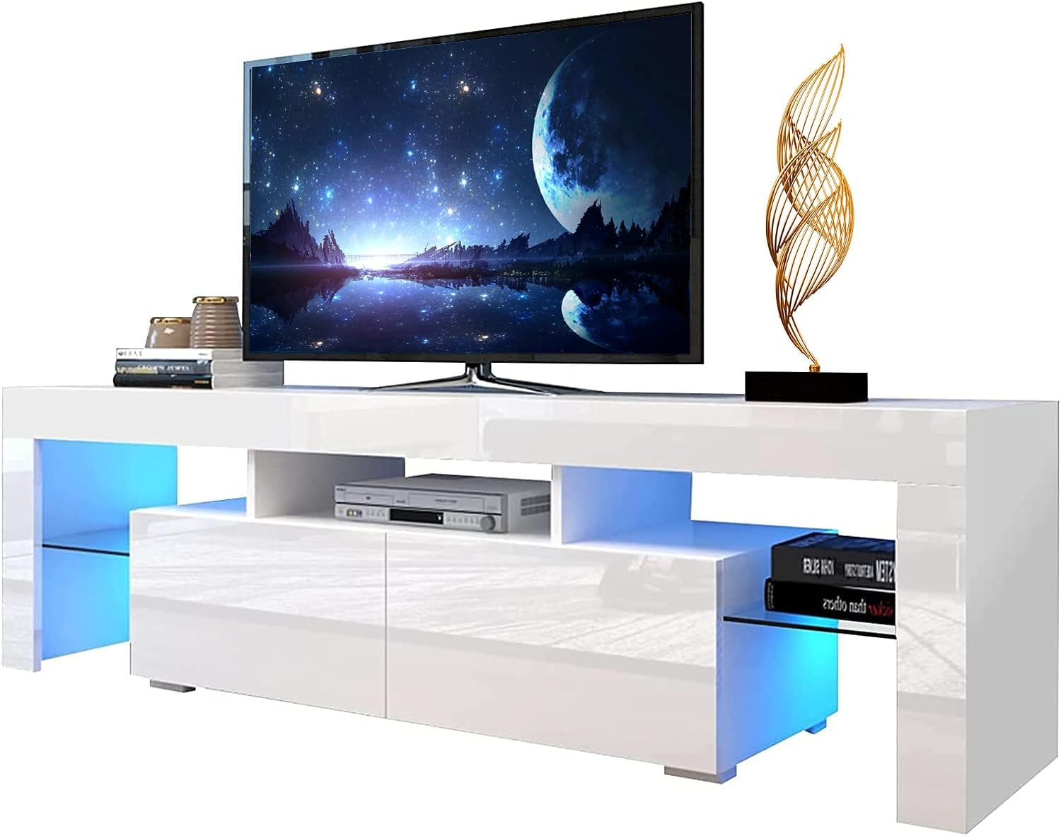 Henf LED TV Stand with LED Lights for 65 Inch TV, 2 Drawer and Open ...