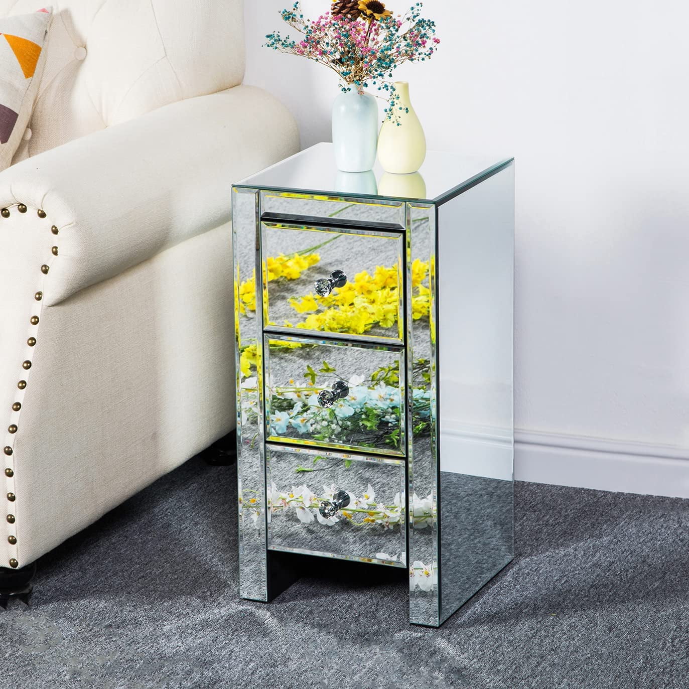 Henf Mirrored Nightstand Modern Bedside Table with 3 Drawers, Bedroom 3 ...