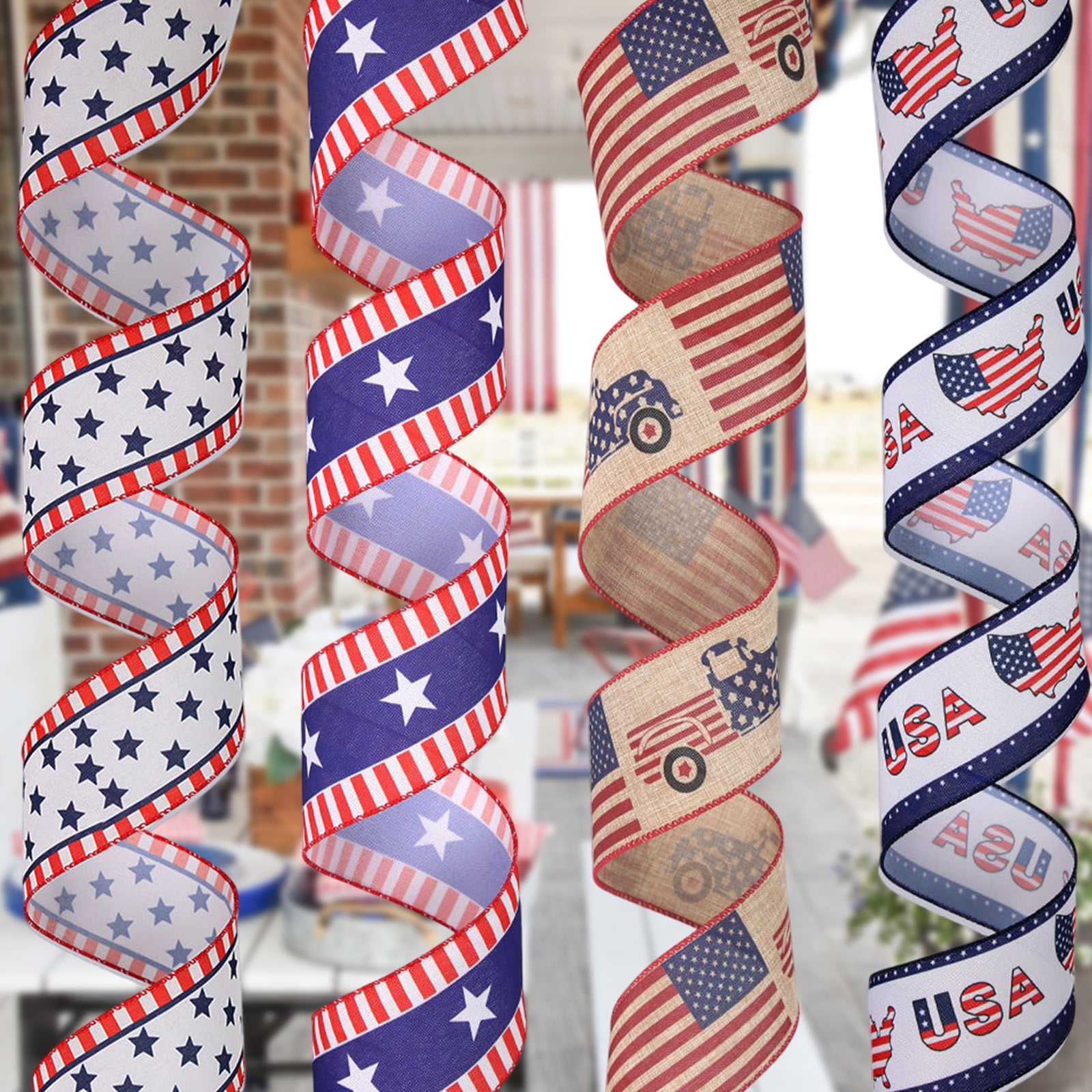 HengDidi 4-Meter Faux Linen Patriotic Ribbon - USA Flag Star Printed ...