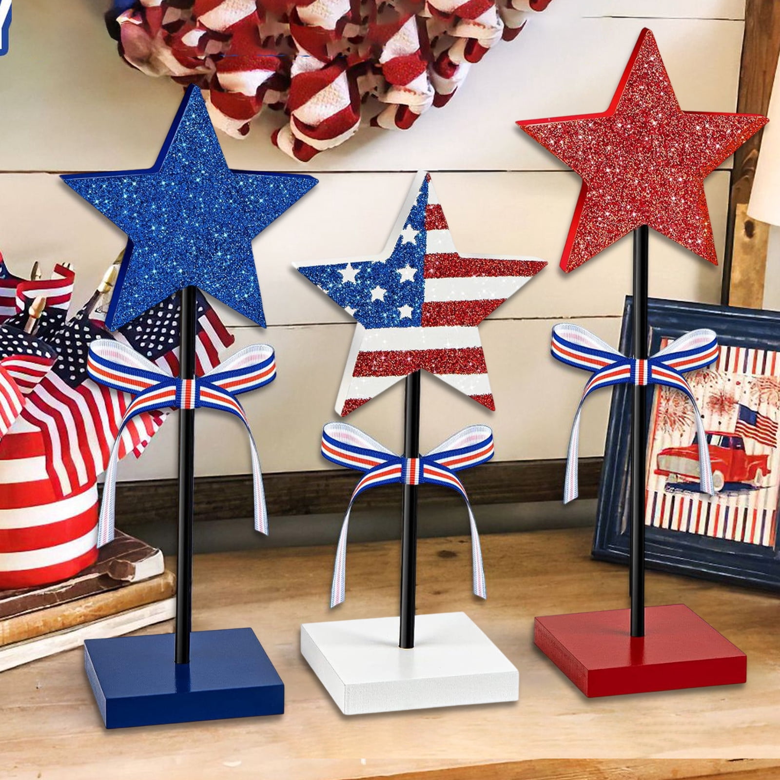 HengDidi Independence Day Wooden Star Decor Set - Patriotic Multicolor ...