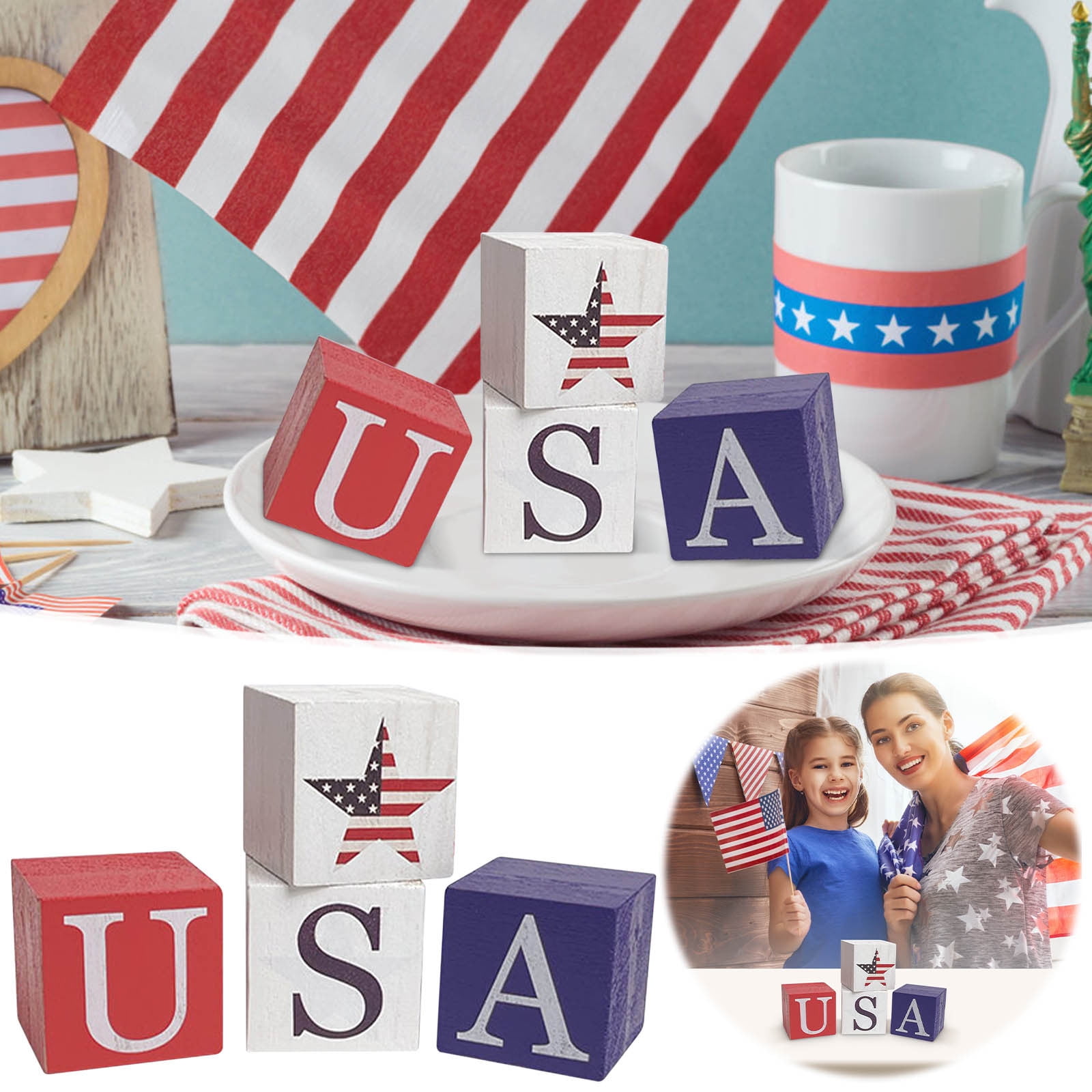 HengDidi Patriotic Wooden Block Decor Set - Independence Day Themed ...