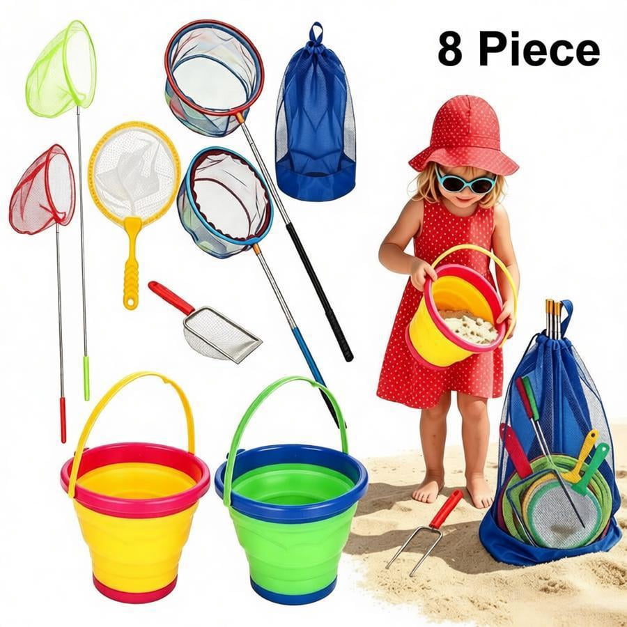 Hengguang 8 Pcs Kids Fishing Net with Bucket and Sand Shovel ...
