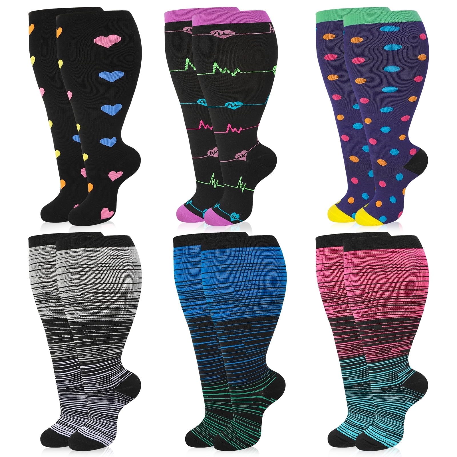 Hengguang 6 Pairs Plus Size Compression Socks for Women Men, Extra Wide ...
