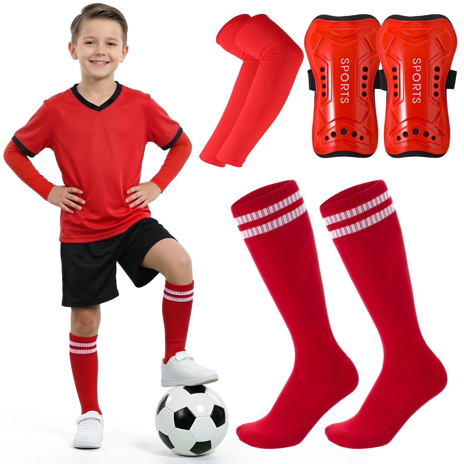 Hengguang Kids Soccer Shin Guards and Socks with Arm Sleeves for ...