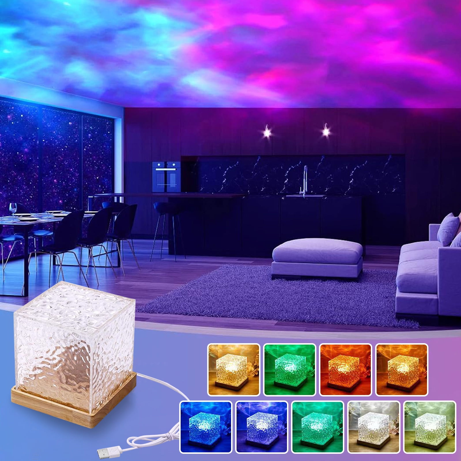 Hengtai Home Decor 16 Color Water Ripple Night Light, Spinning Flame ...