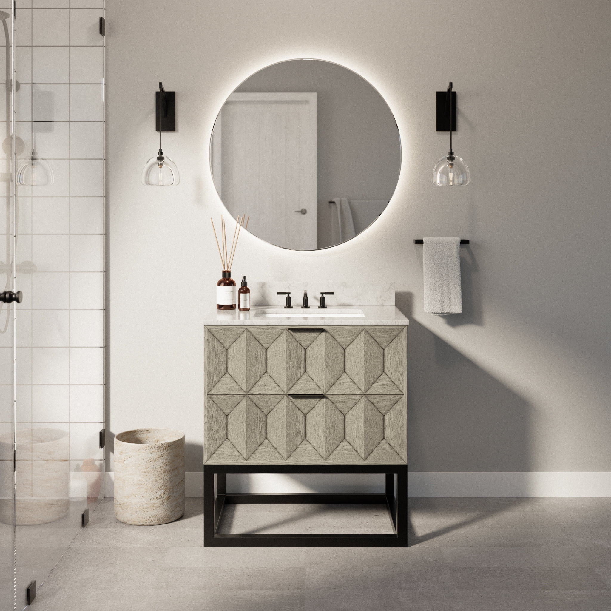 Henley 30" Bathroom Vanity with Gray Oak Cabinet and Carrara Marble ...