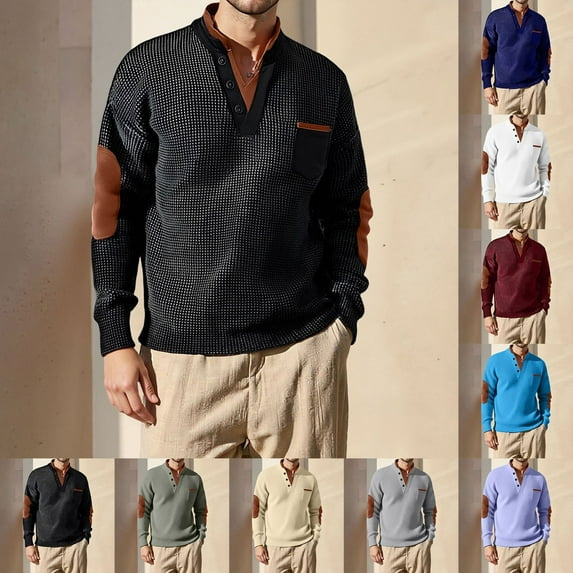 Henley Shirts For Men Patchwork Long Sleeve Business V Neck Tees Tops ...