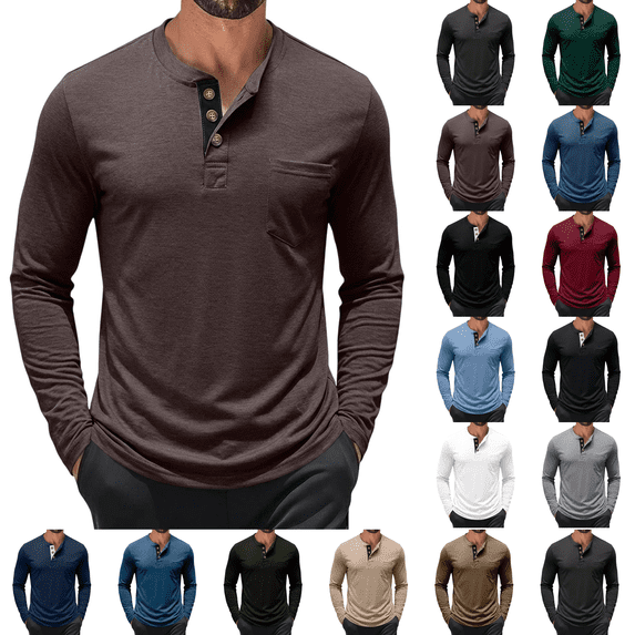 Henley Shirts Mens Long Sleeve Button T-Shirt Casual Stylish Cotton ...