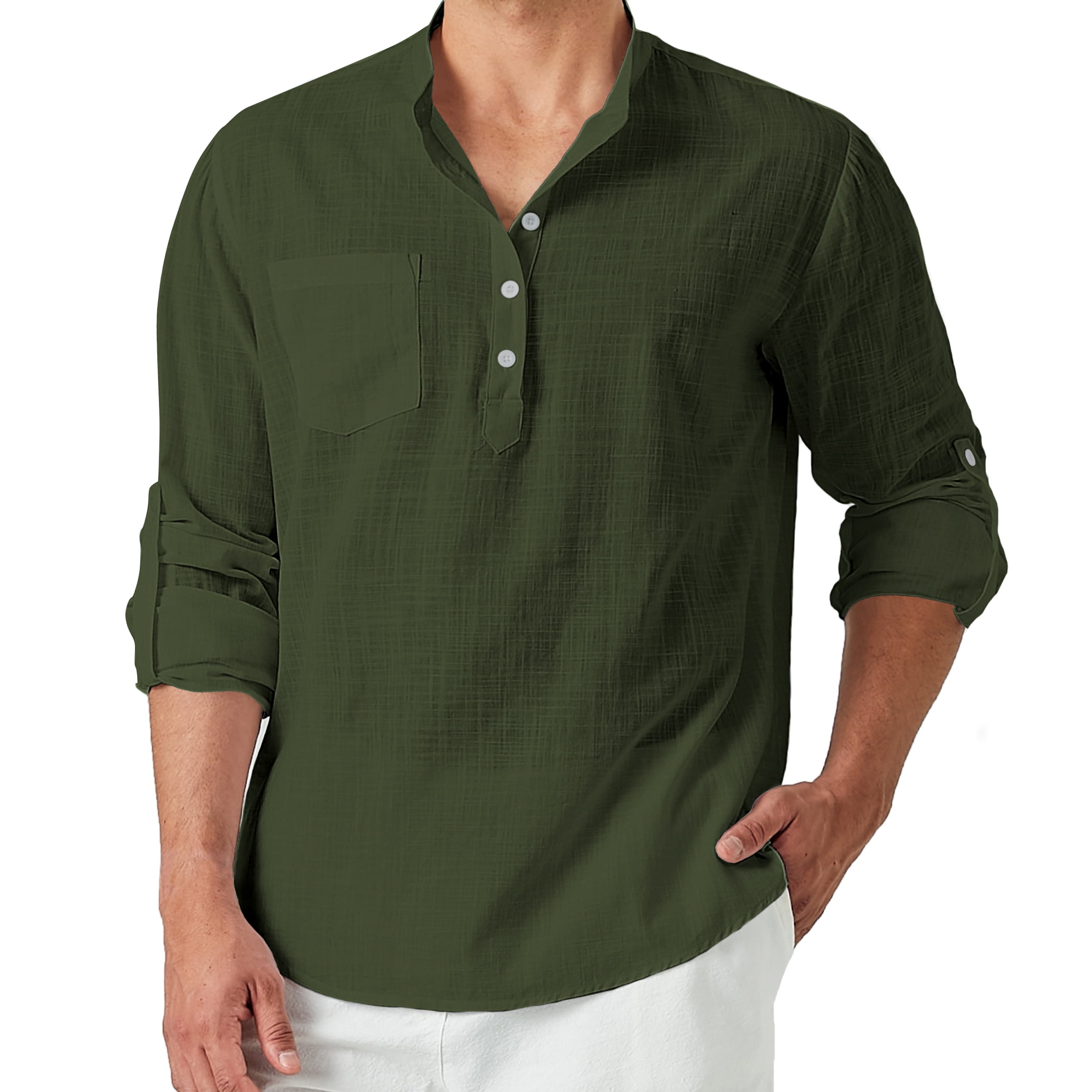 Mens Long Sleeve Linen Henley Shirt Cotton Casual Outdoor Button-Up ...