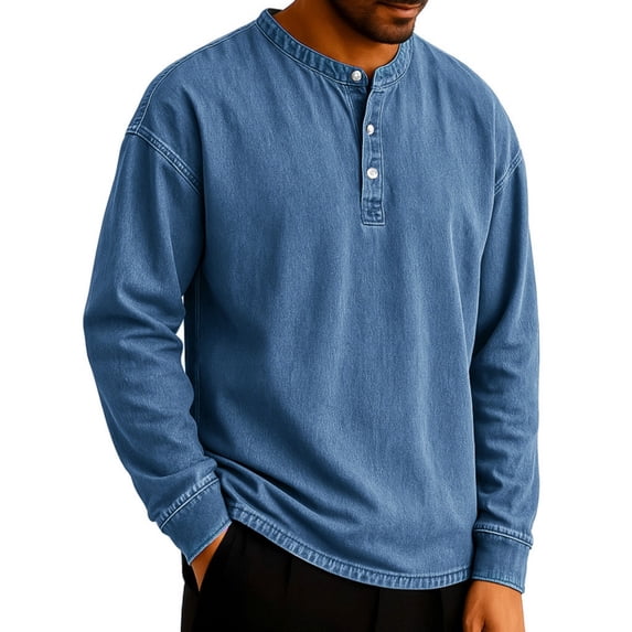 Henley Shirts for Men Vintage Distressed Long Sleeve Button Up Denim ...