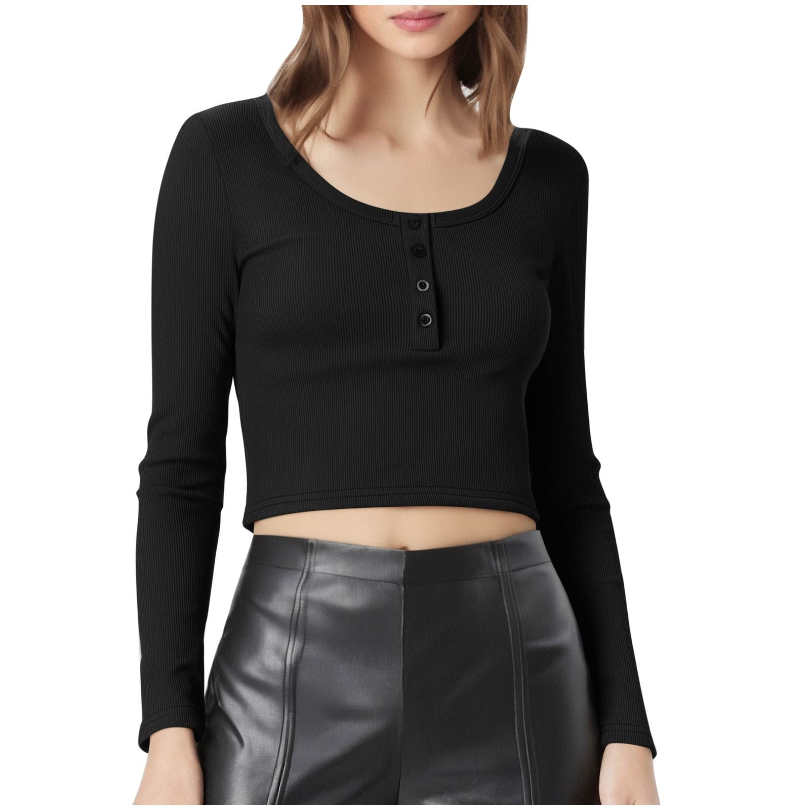Henley Shirts for Women Long Sleeve Crop Top Stretch Ribbed Knit Button ...