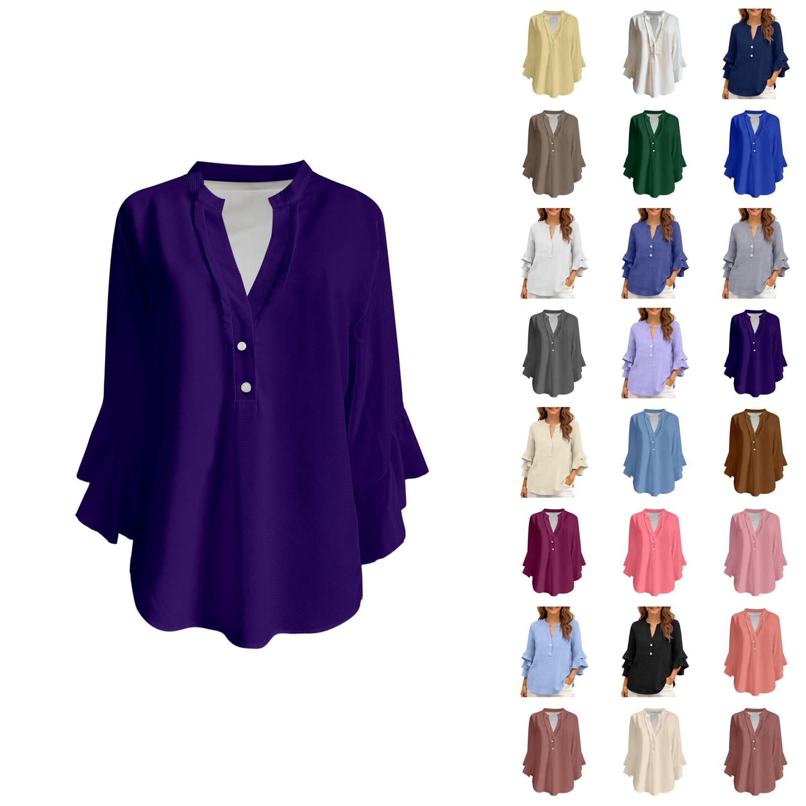 Henley Shirts for Women Long Sleeve V Neck Drop Shoulder Summer Solid ...
