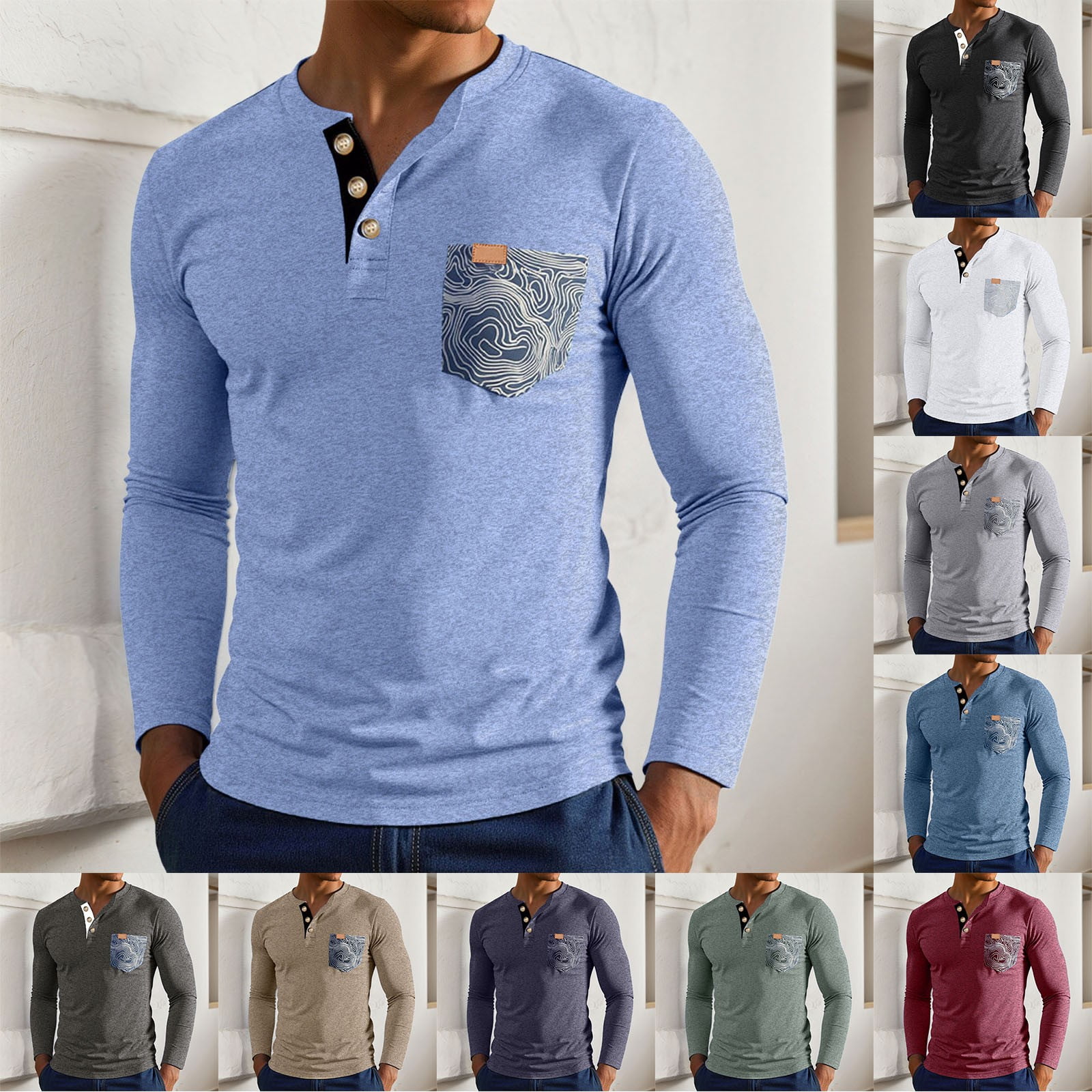 Henley T Shirts For Mens Patchwork Casual V Neck T Shirt Turn Down ...