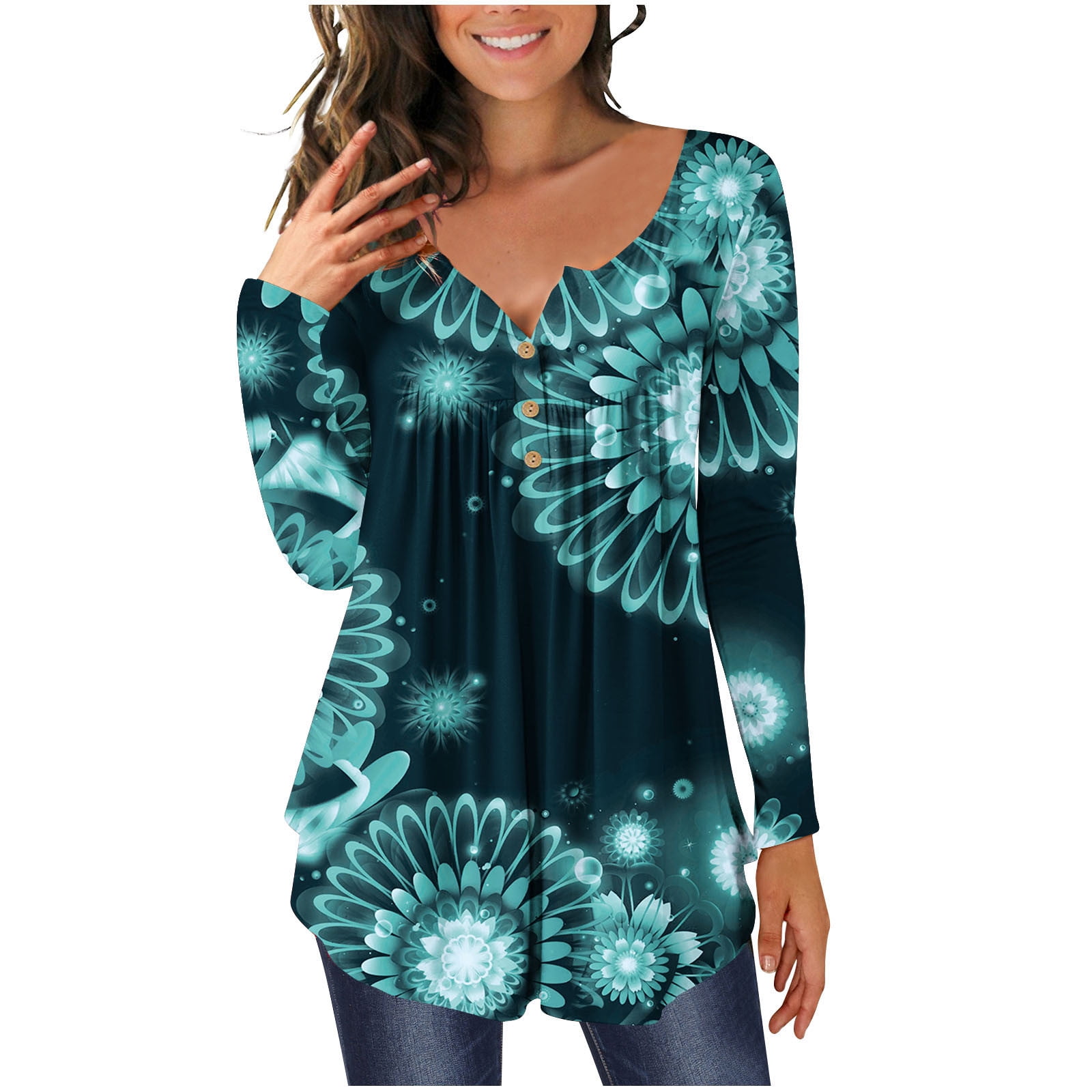 Henley Tunic Tops for Women Hide Belly Tunic Floral Print Blouse Front ...