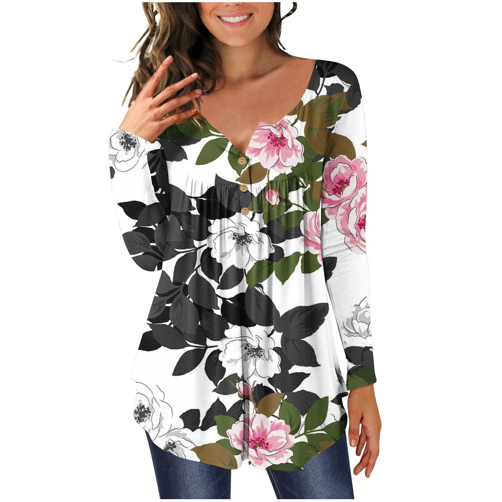 Henley Tunic Tops for Women Hide Belly Tunic Floral Print Blouse Front ...