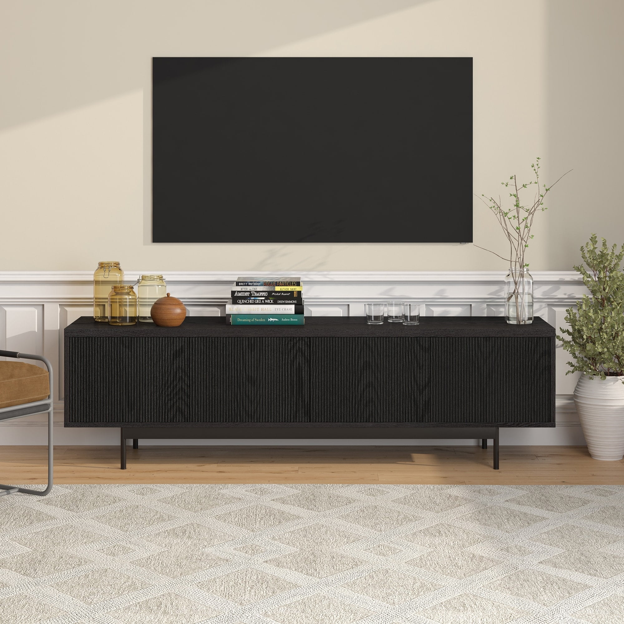 Henn&Hart 70" Black Grain MDF/PVC/Metal TV Stand - Walmart.com