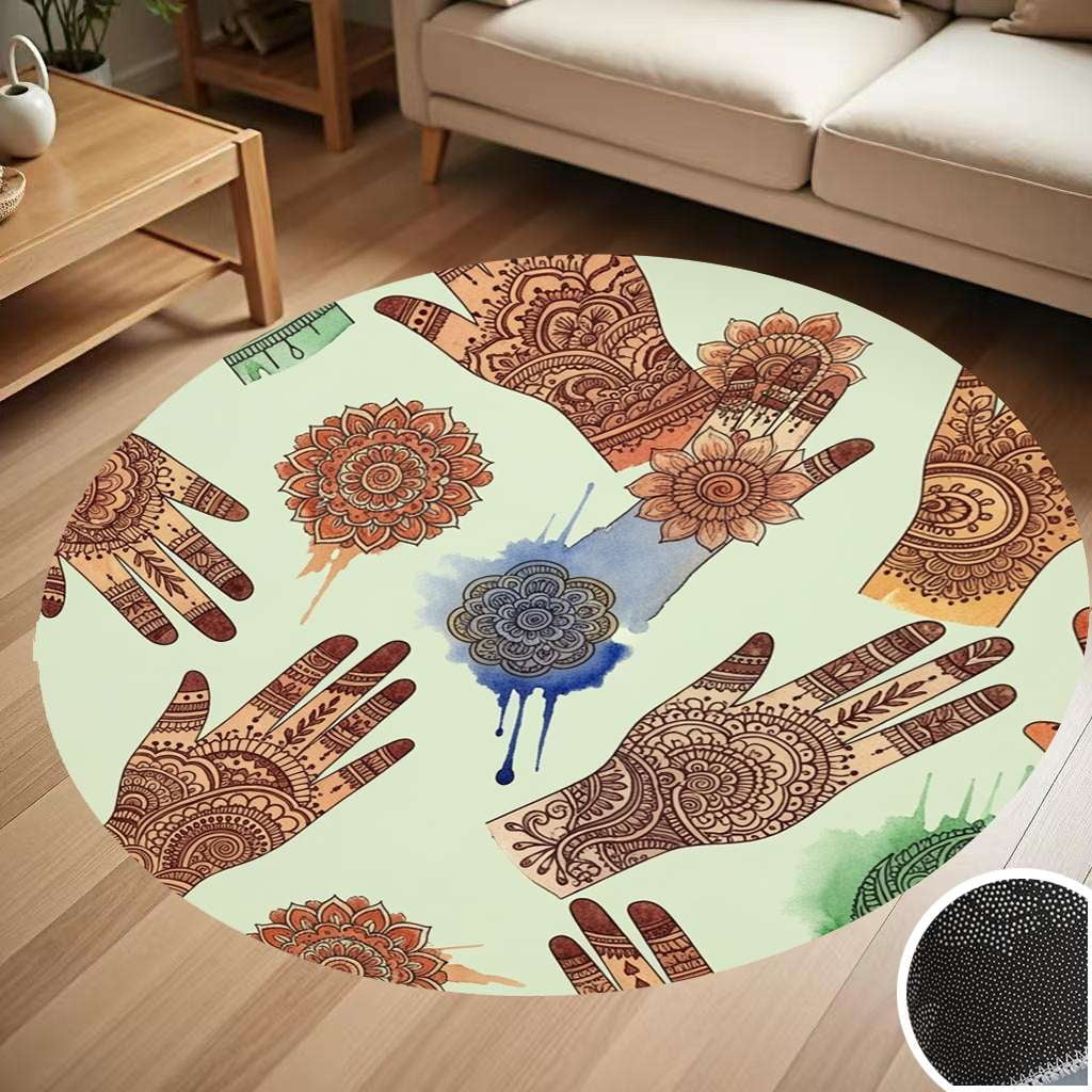 Henna Art Hand Prints Round Carpet Living Room Bedroom Home Decoration ...