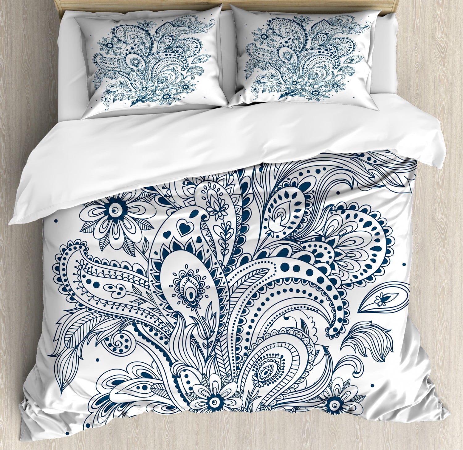 Henna Duvet Cover Set Queen Size, Doodle Style Floral Arrangement with ...