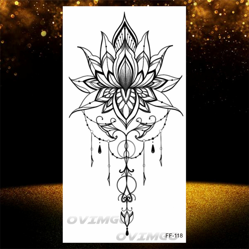 Henna Lotus Temporary Tattoo For Women Fake Jewelry Chains Black Flower ...