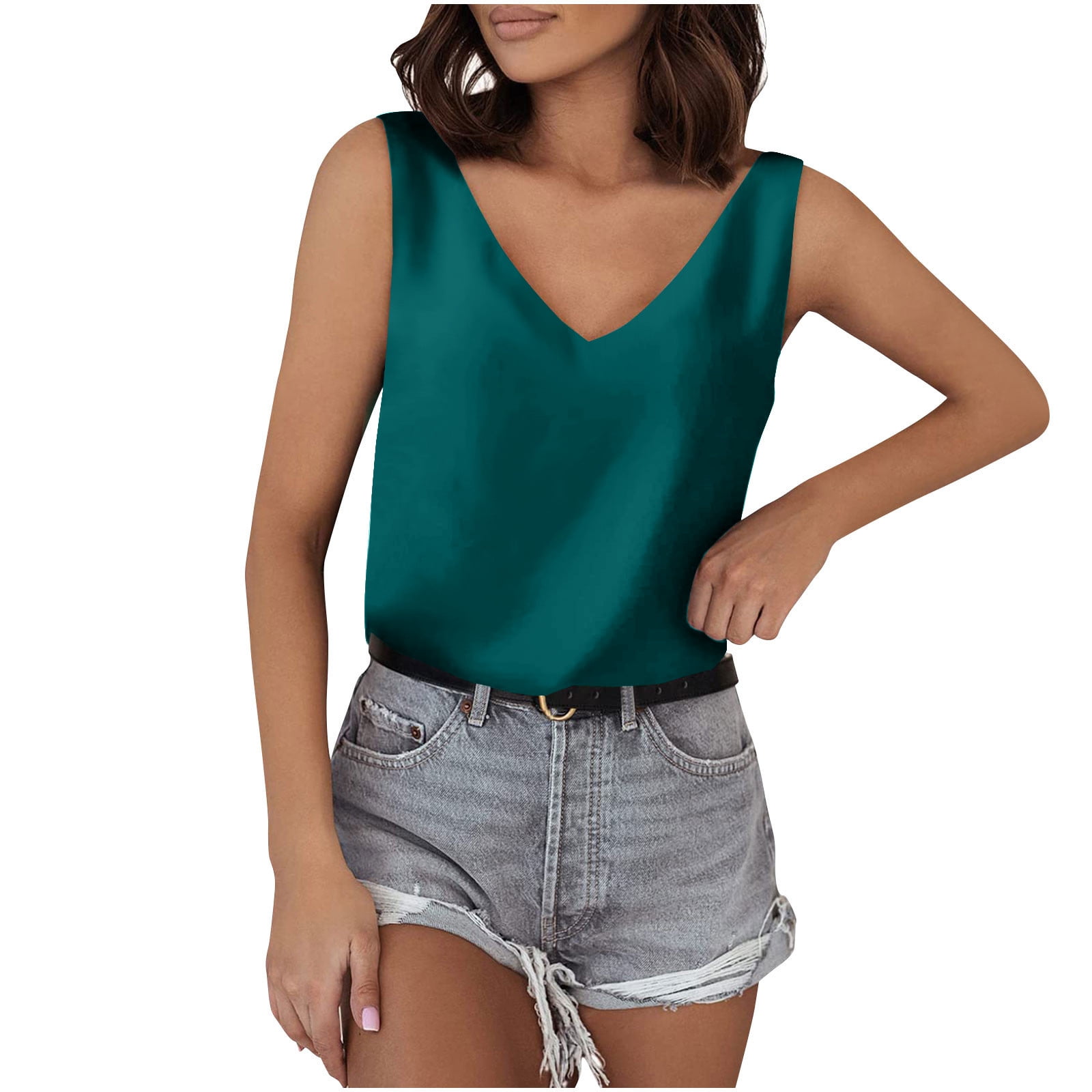 Henpk Womens Tops Spring Summer Plus Size Workout Going Out Womens Silk Satin Tank Tops V Neck ...