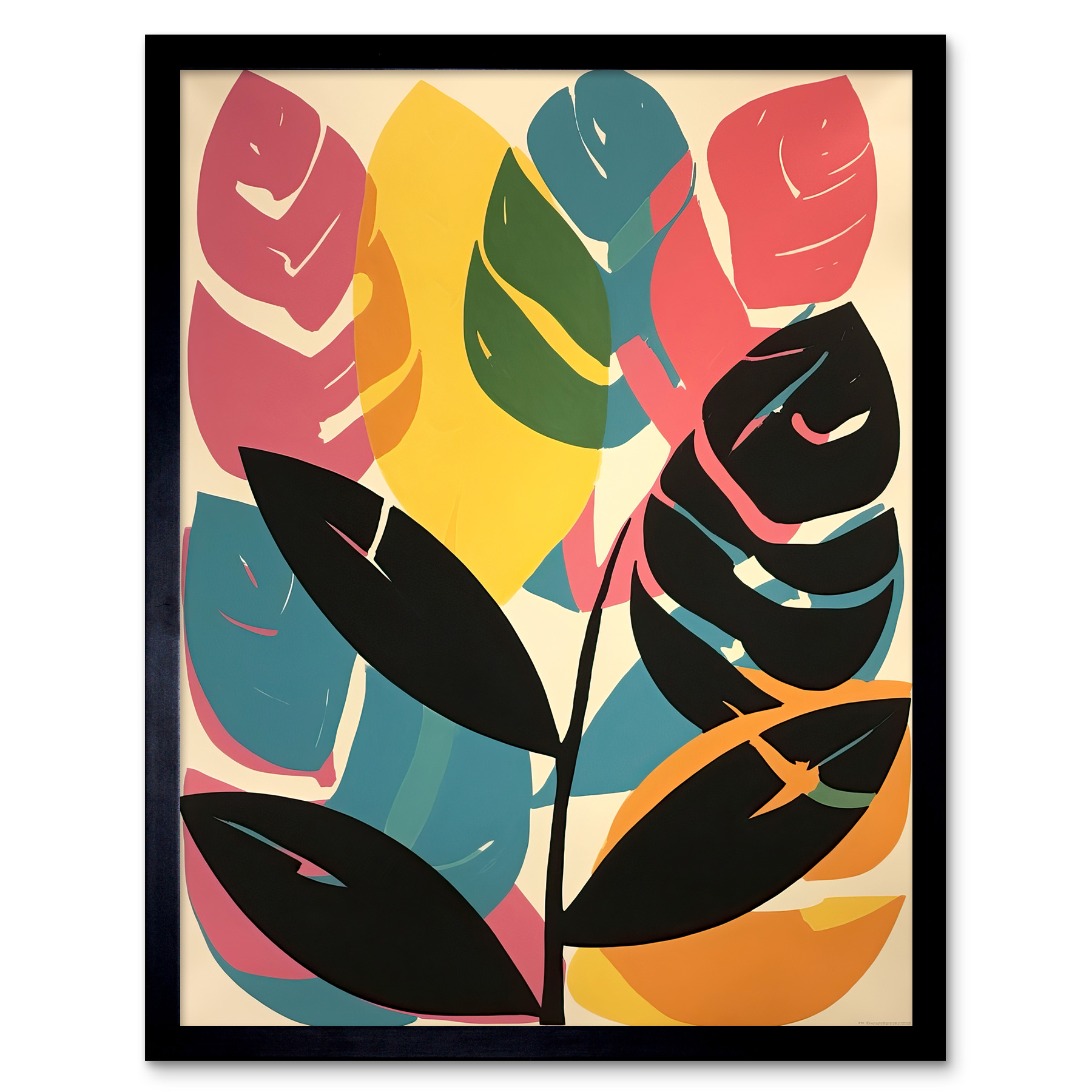Henri Matisse Style Leaves Linocut Pink Yellow Blue Botanical Bright ...