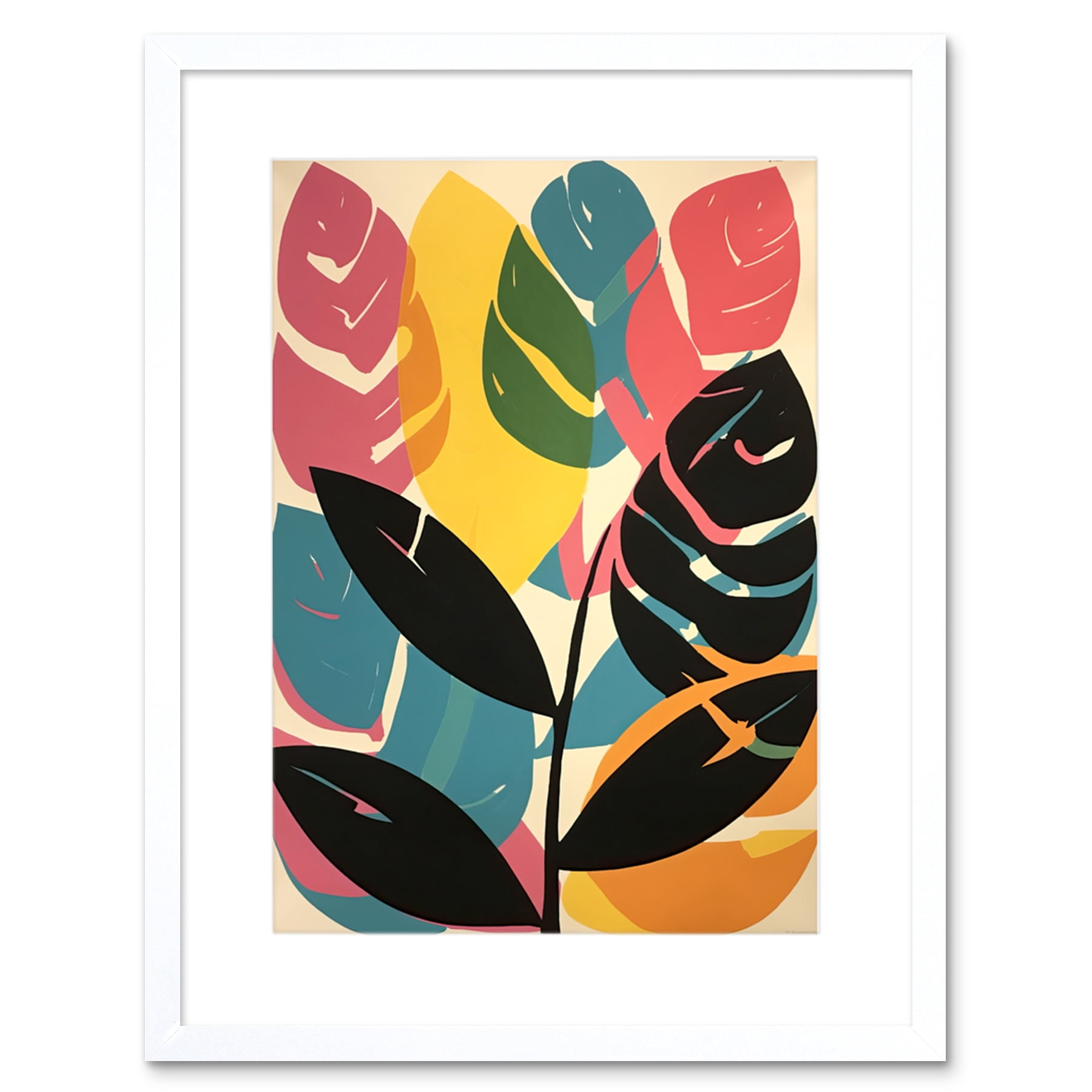 Henri Matisse Style Leaves Linocut Pink Yellow Blue Botanical Bright ...