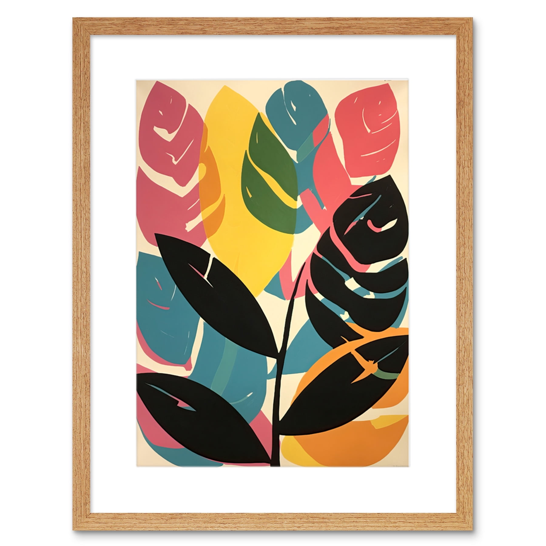 Henri Matisse Style Leaves Linocut Pink Yellow Blue Botanical Bright ...