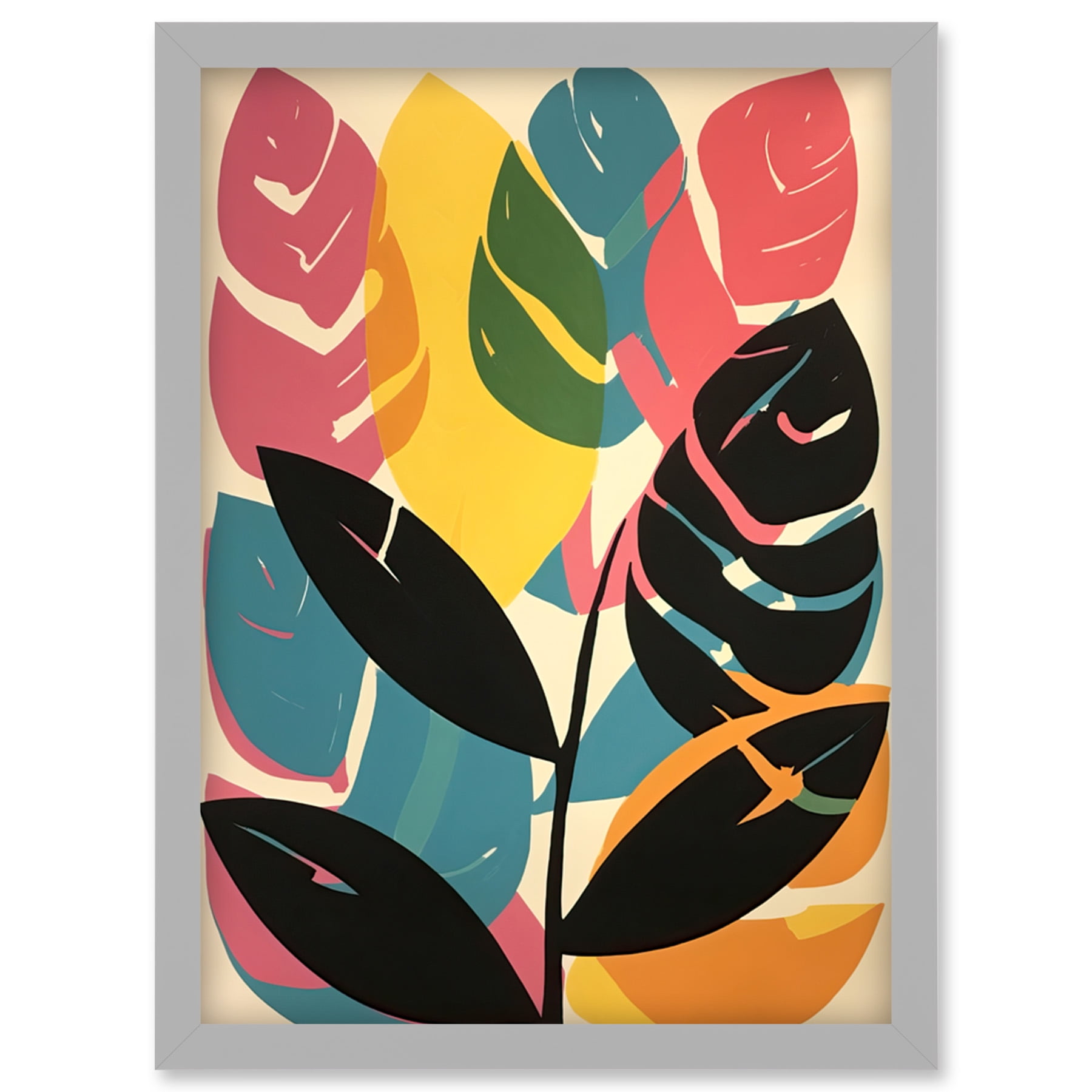 Henri Matisse Style Leaves Linocut Pink Yellow Blue Botanical Bright ...
