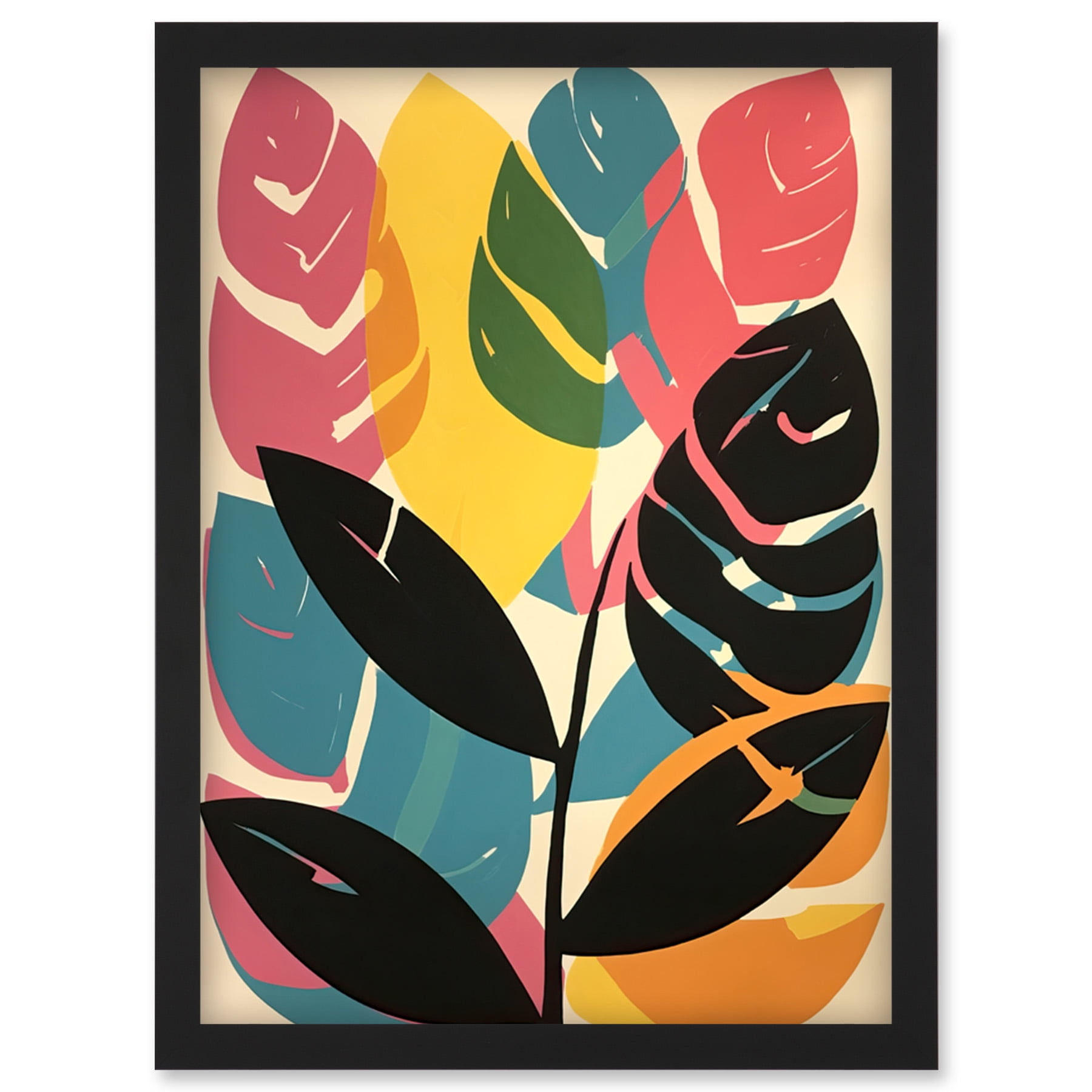 Henri Matisse Style Leaves Linocut Pink Yellow Blue Botanical Bright ...