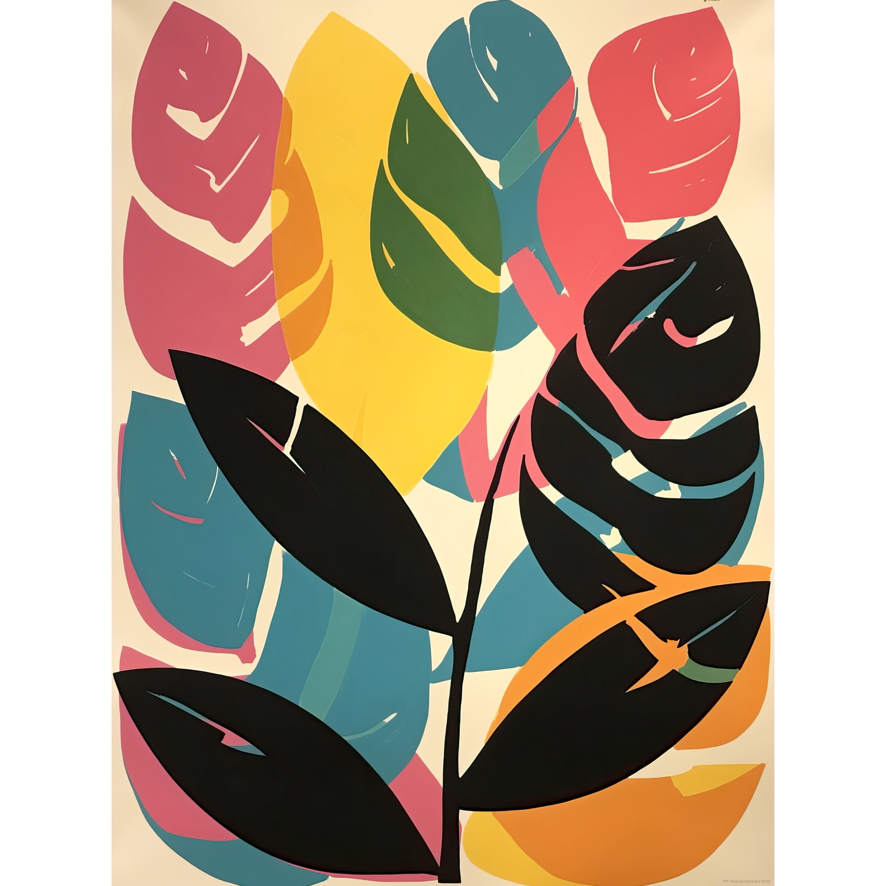 Henri Matisse Style Leaves Linocut Pink Yellow Blue Botanical Bright ...