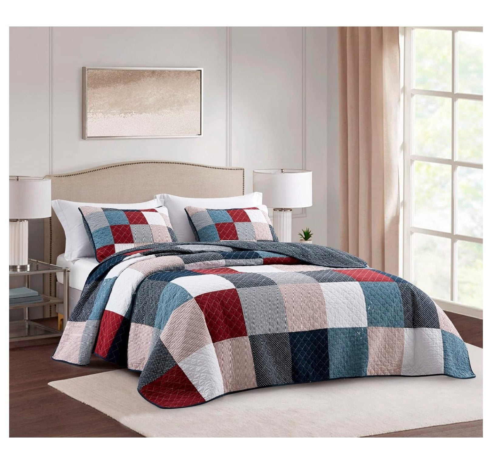 Henry 3-Piece Modern Patchwork Quilt Set - Solid Polka Dot Striped ...