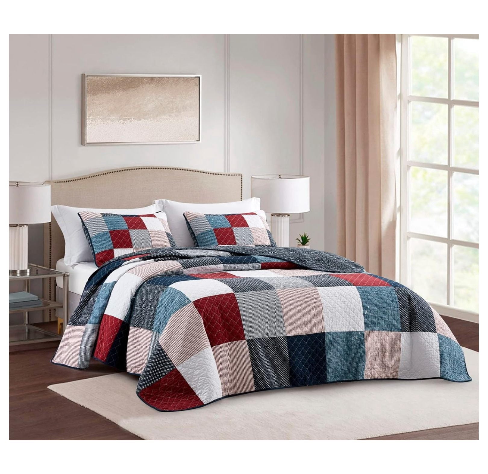 Henry 3-Piece Modern Patchwork Quilt Set - Solid Polka Dot Striped ...