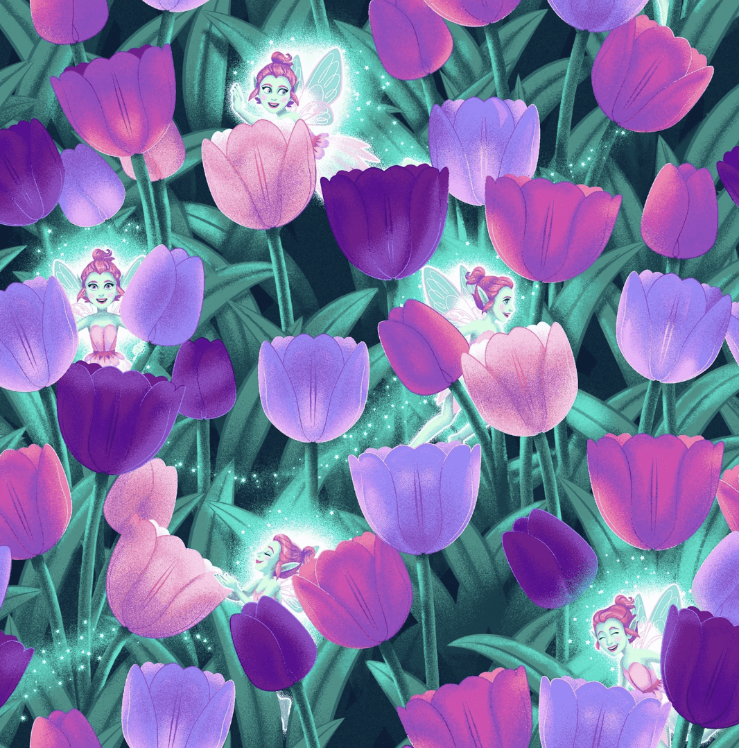 Henry Glass Pixies & Petals Pixie and Tulips Green/Purple Fabric By The Yard - Walmart.com