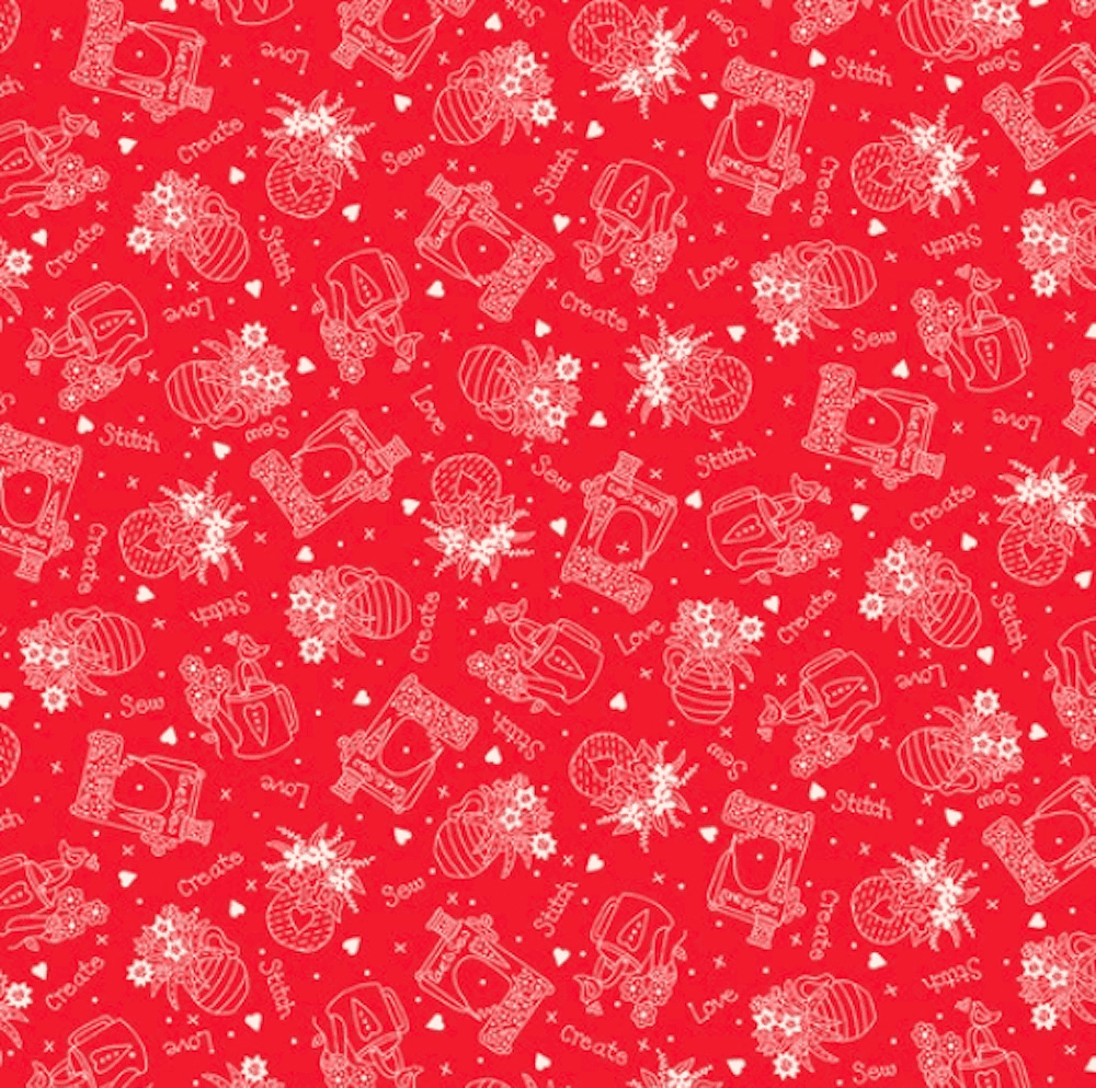 Henry Glass Say It With A Stitch Vases & Sewing Machine Linework Red ...