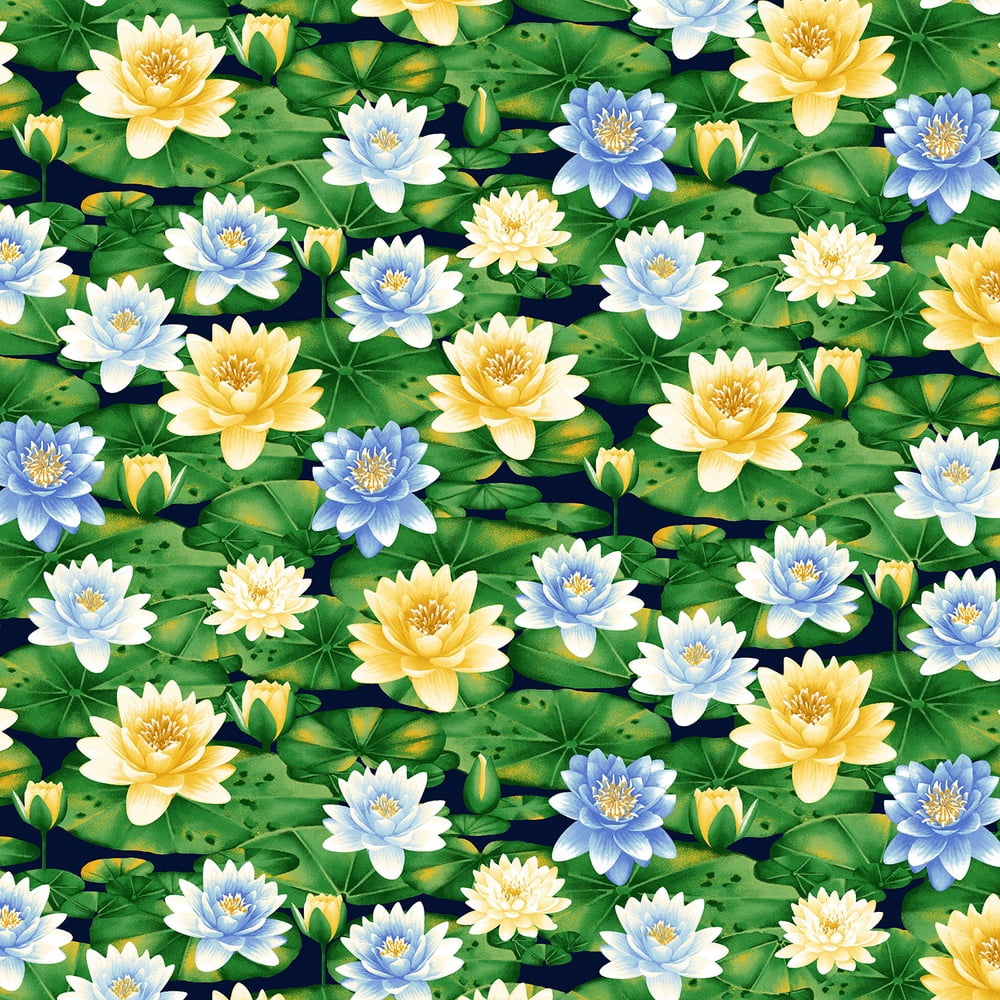 Henry Glass Waterlily Magic Waterlily Flower Allover Indigo Fabric By ...