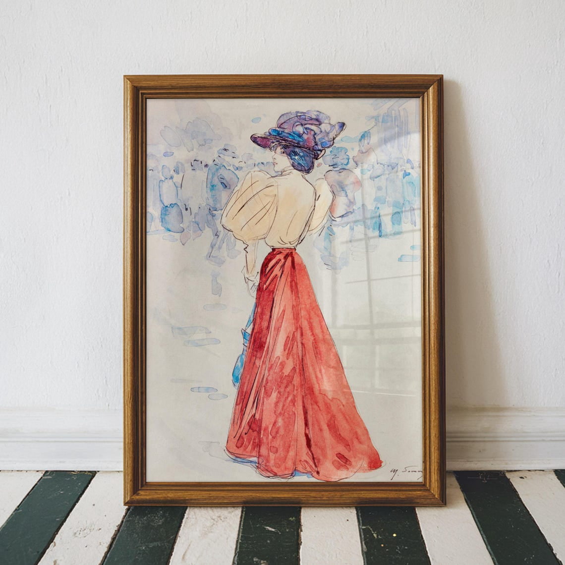 Henry Somm French Fashion Illustration: Elegant Red Skirt Vintage Art ...