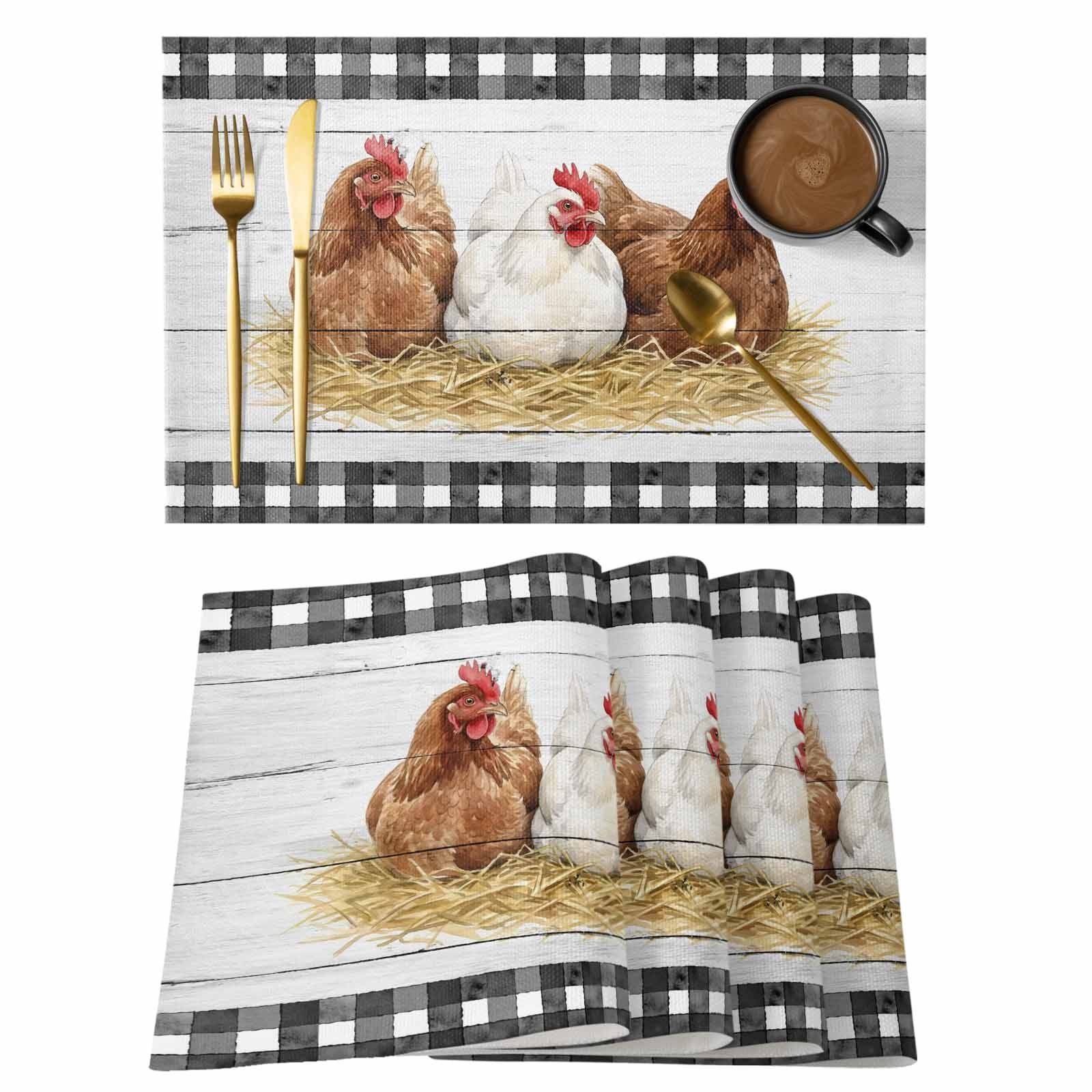 Hens Straw on Retro Wood Grain Placemats Set of 6,Wipeable Washable ...