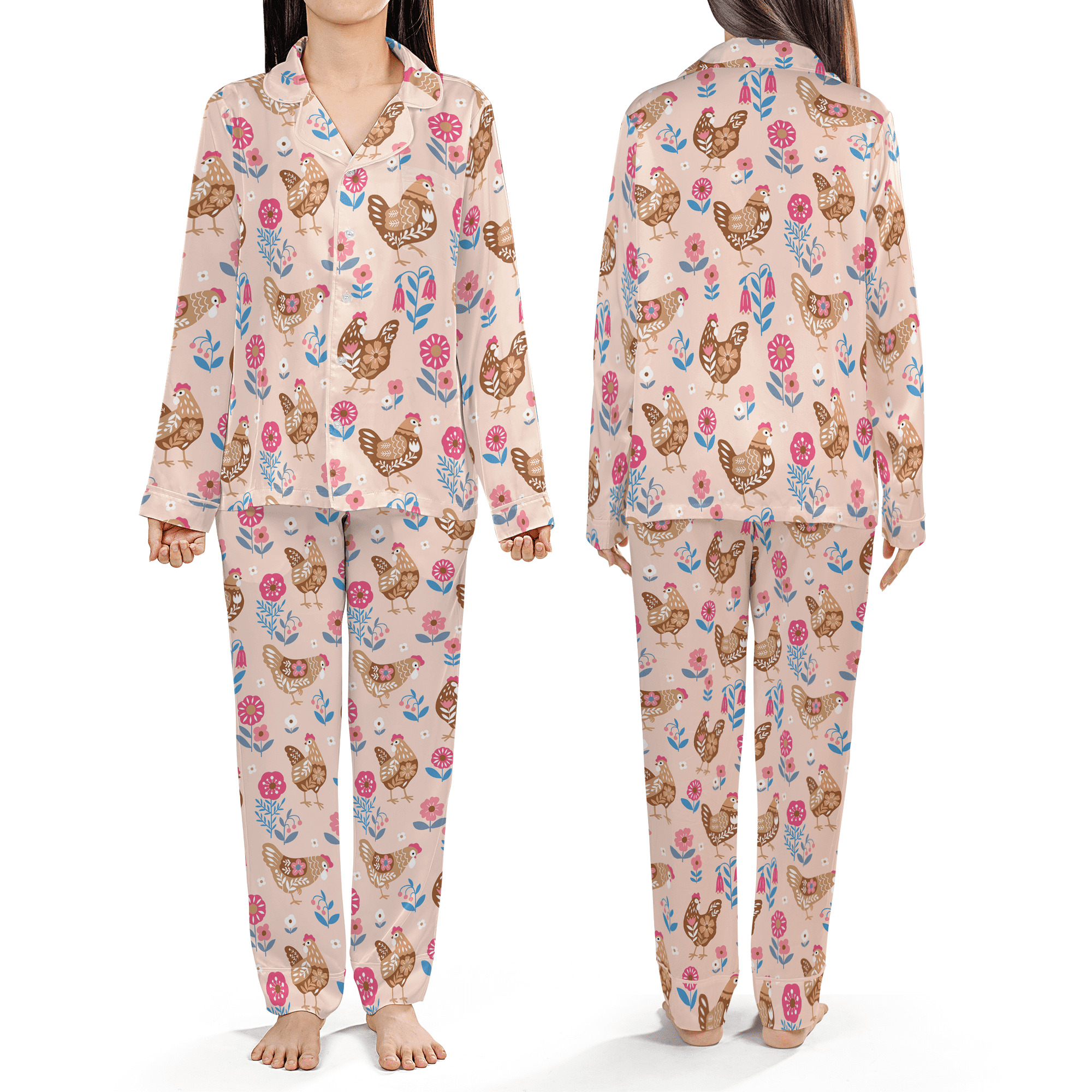 Hens Summer Floral Satin Pajamas Set, Cute Hens Flowers Pattern All ...