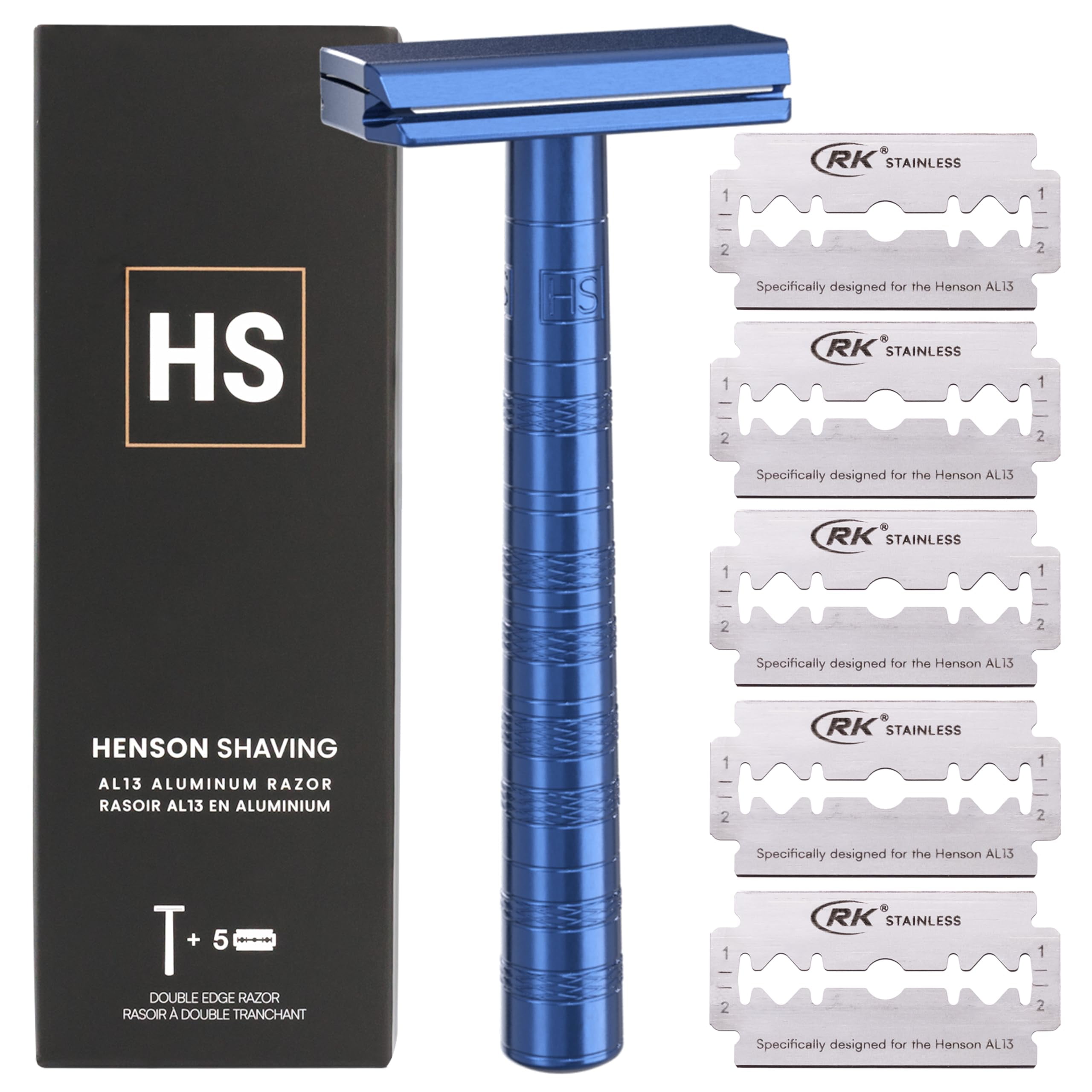 Henson Shaving Razor - Steel Blue Double Edge Safety Razor with 5 Spare ...