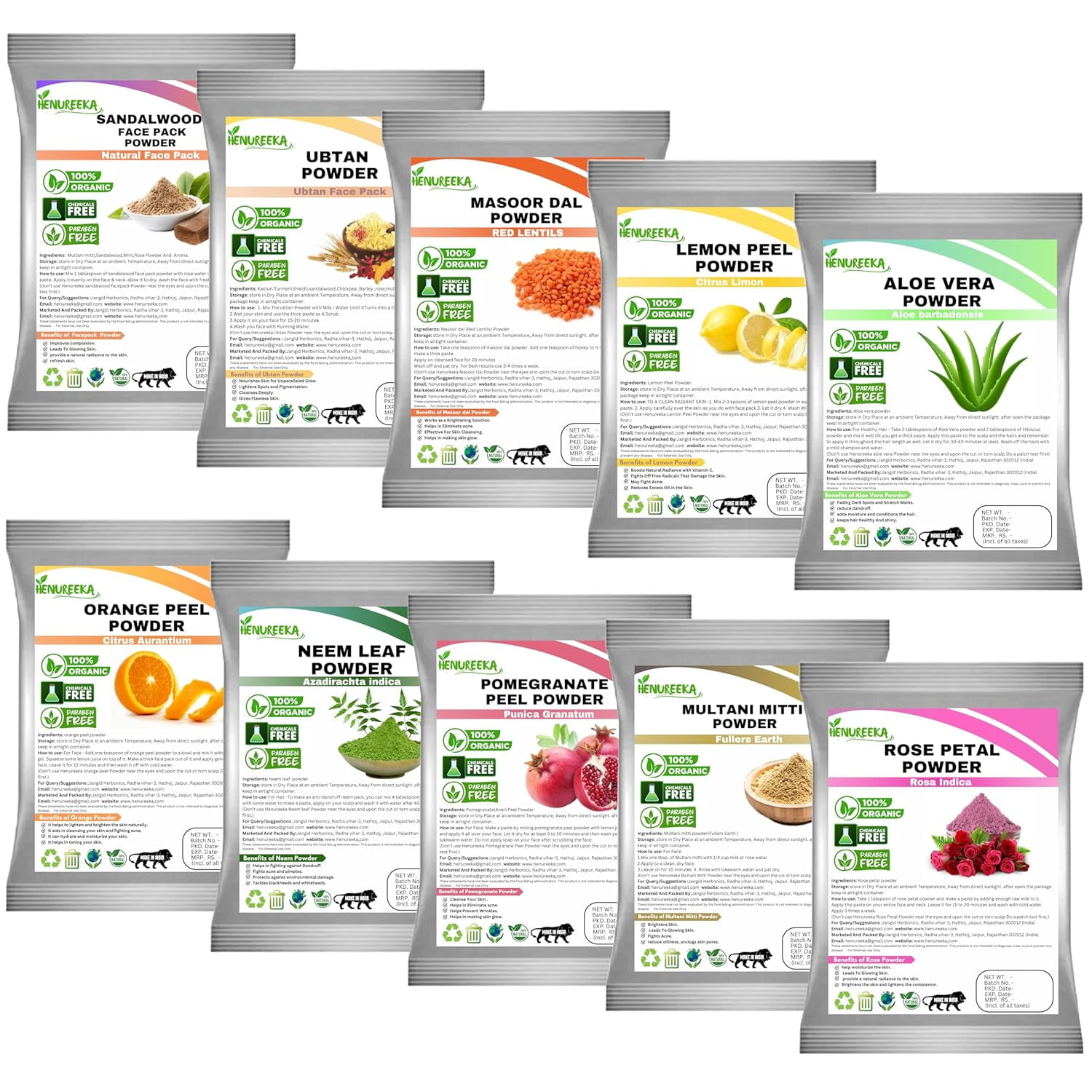 Henukeeka Natural Face Pack Powder Set 10 Varieties Organic Sandalwood ...