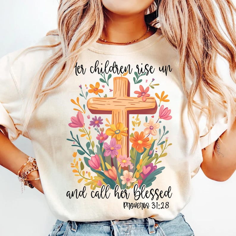 Her Children Rise Up and Call Her Blessed T-Shirt, Boho Floral Mama ...
