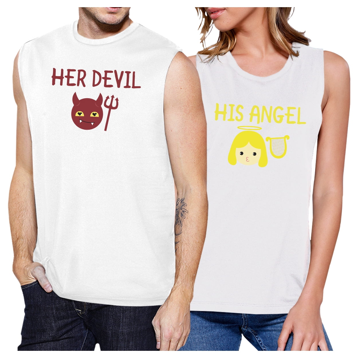 Her Devil His Angel White Matching Couple Muscle Workout Tank Tops ...